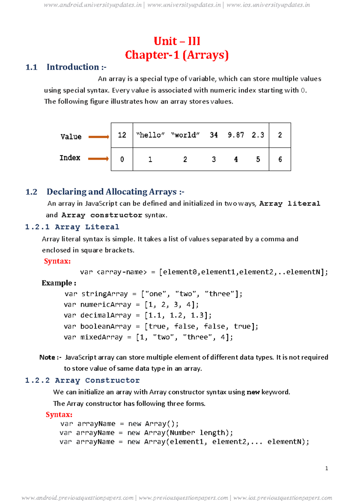 Unit-III Web Technologies - 1 Unit – III Chapter-1 (Arrays) 1 Introduction :- An array is a ...