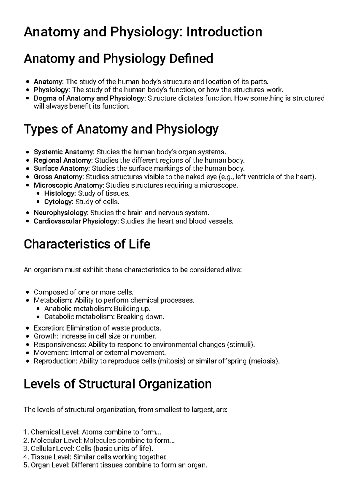 Introduction to Anatomy and Physiology: Study Guide (ANP 101) - Studocu
