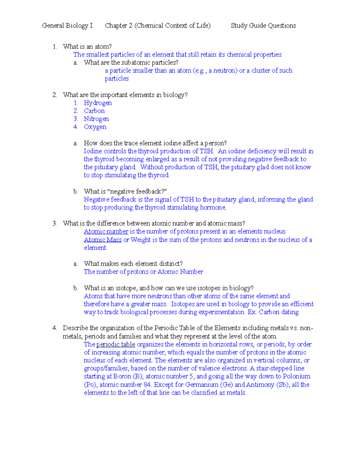 Chapter 2 Study Guide - General Biology I Chapter 2 (Chemical Context ...