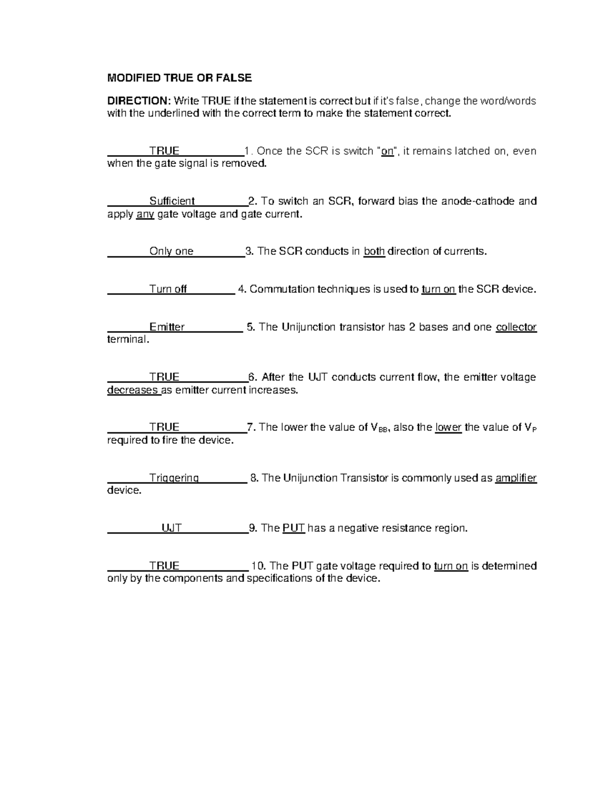 Modified True or False Activity with Answers for ECE 101 - Studocu