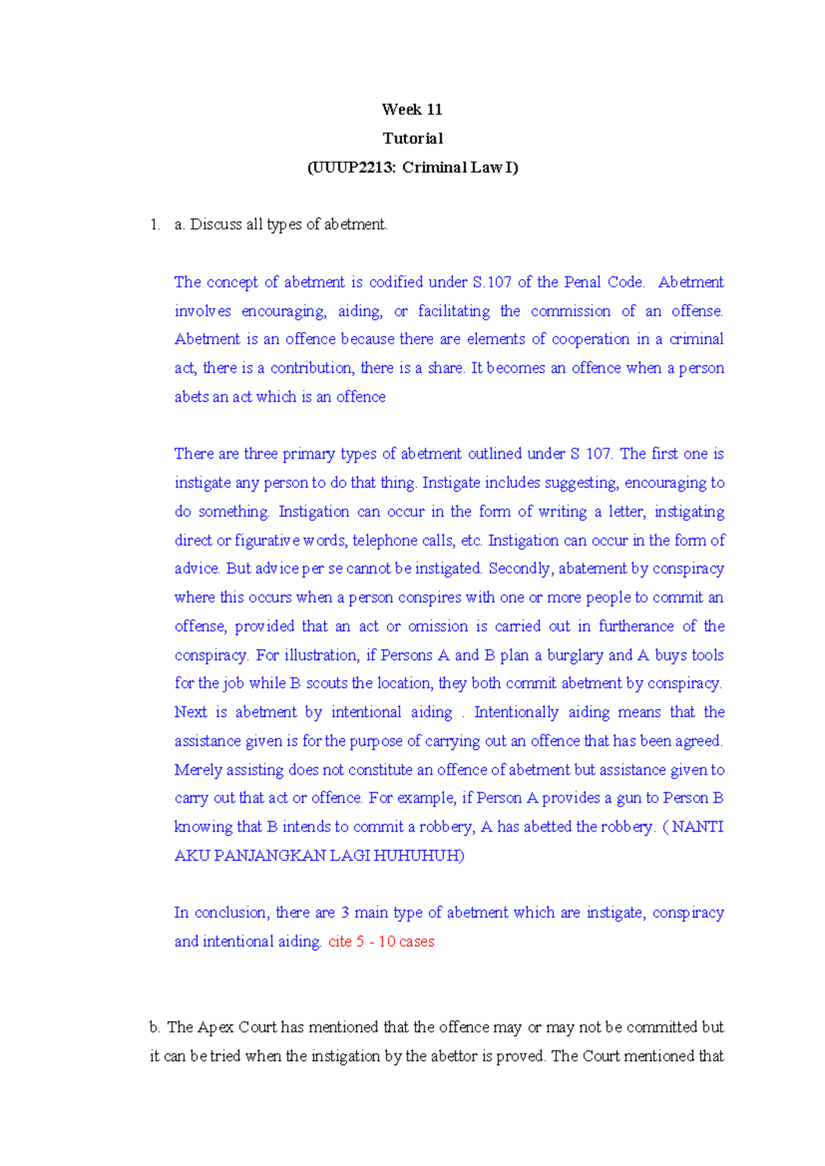 Week 11 - Criminal LAW - Tutorial - Week 11 Tutorial (UUUP2213 ...