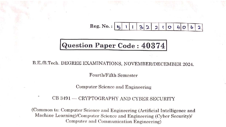 CB 3491 Cryptography & Cyber Security Exam QP - Nov-Dec 2024 - Studocu