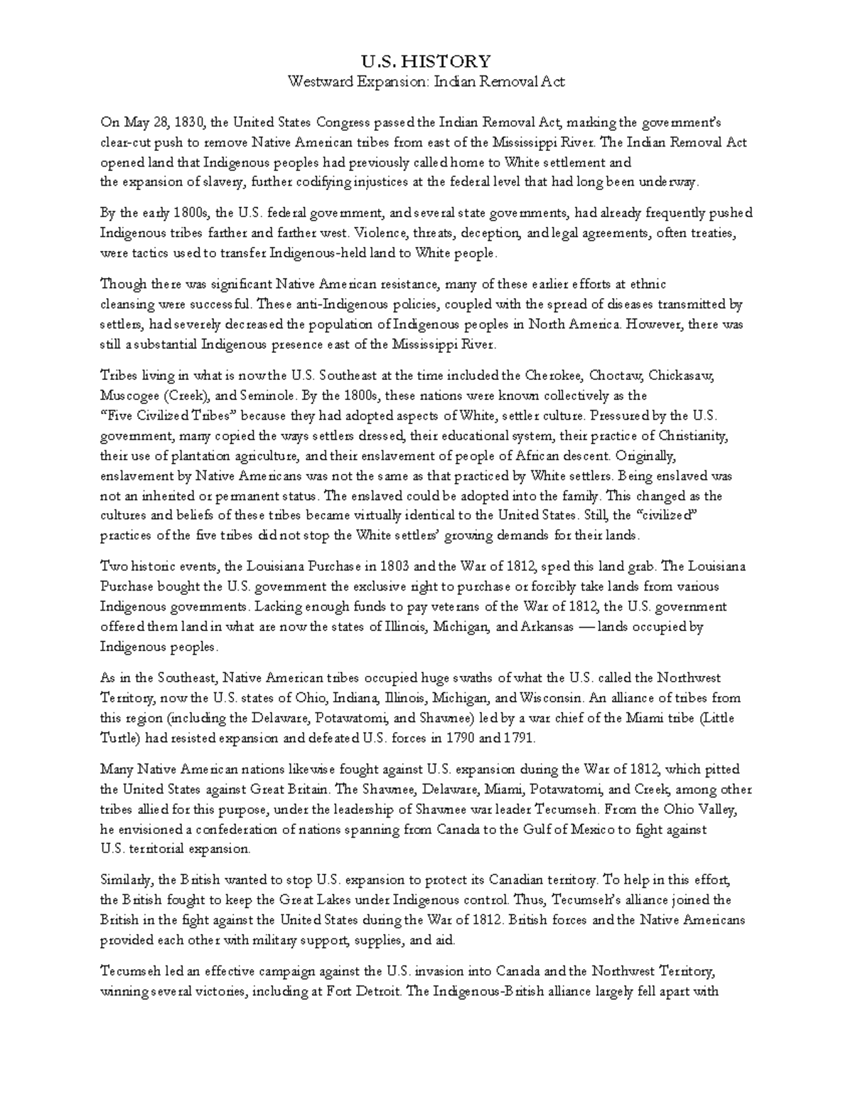 U.S. HISTORY: Indian Removal Act - Worksheet on Westward Expansion ...