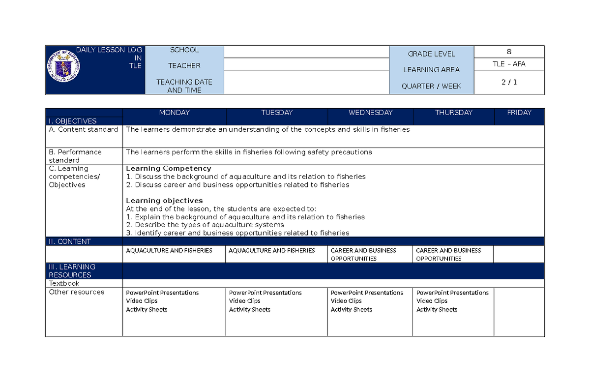 DLL IN TLE 8: AQUACULTURE & FISHERIES LESSON PLAN Q2 W1 - Studocu