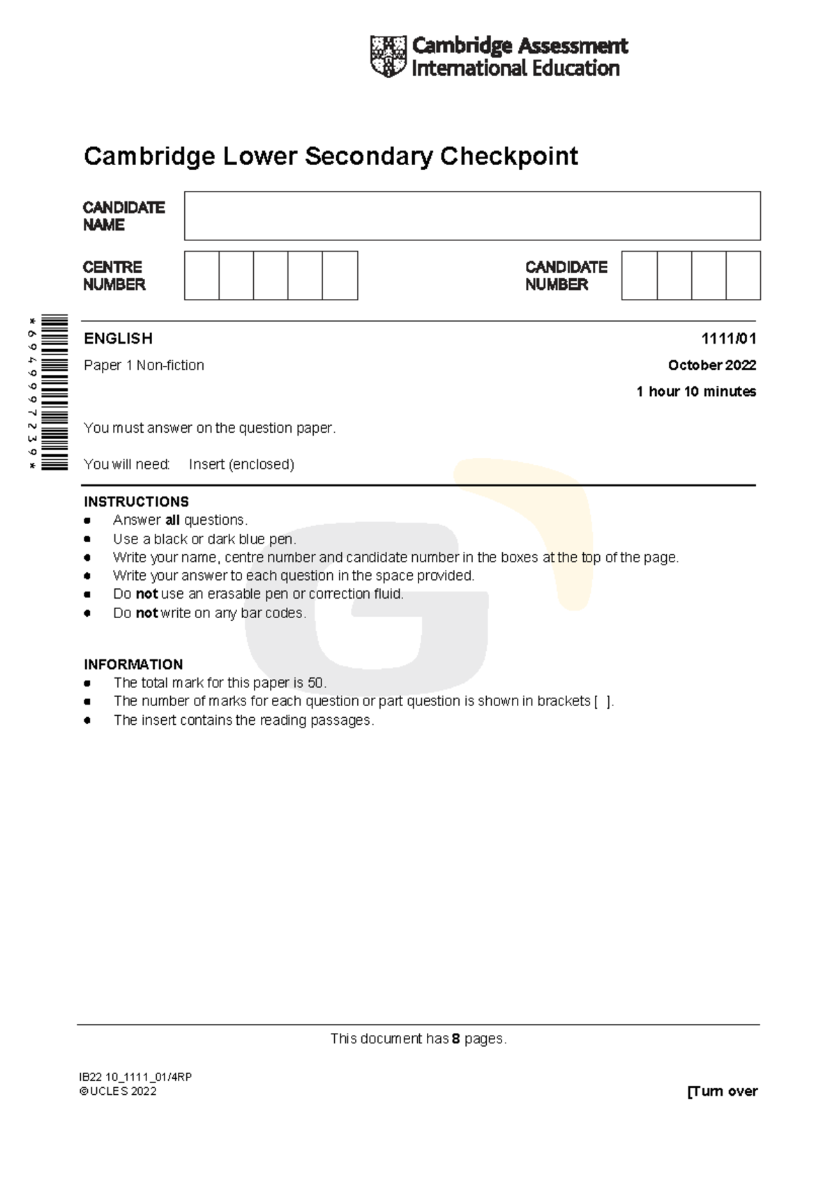 Cambridge Lower Secondary Checkpoint ENGLISH Paper 1 Practice Test ...