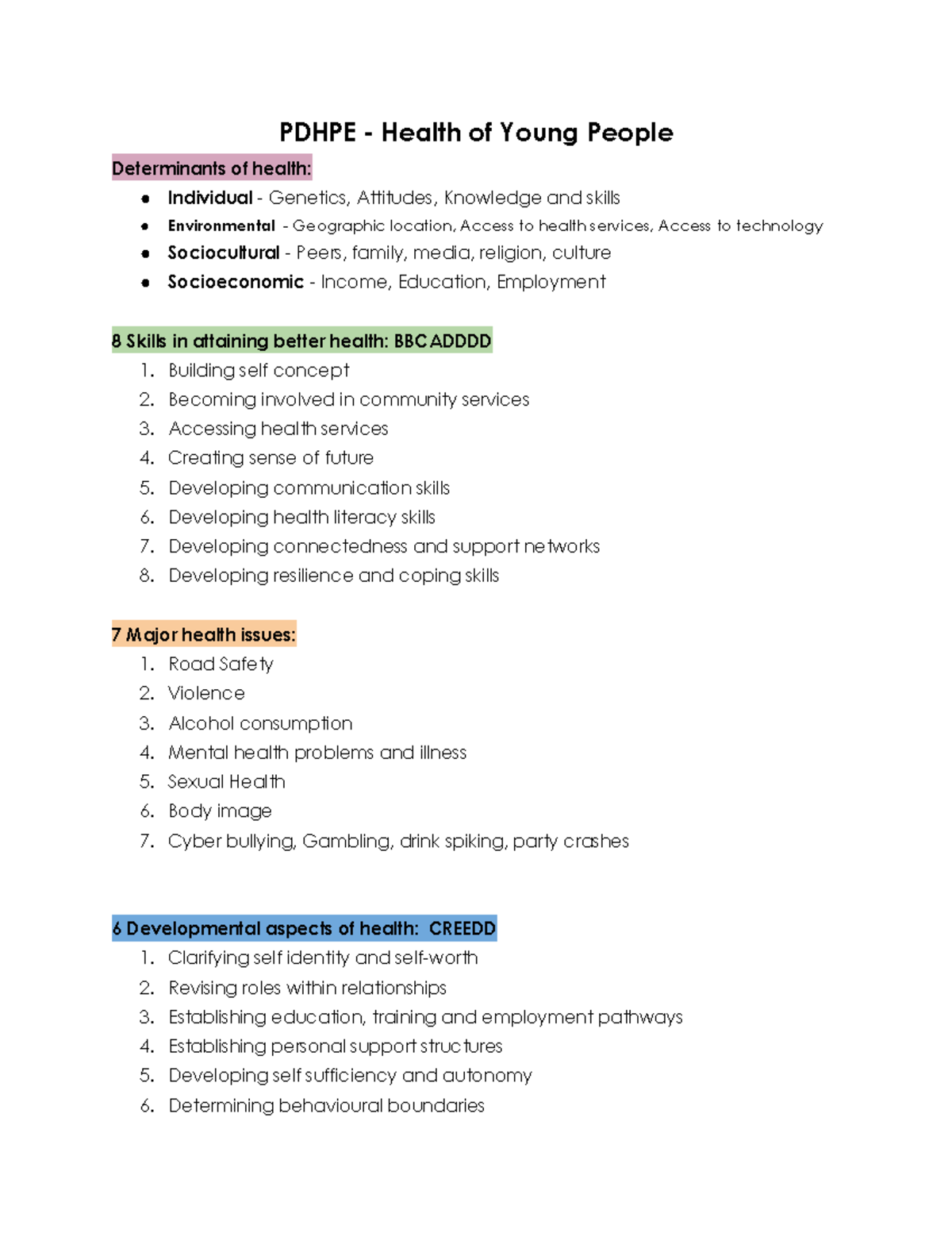 Pdhpe Prep - HEALTH OF YP STUDY NOTES - PDHPE - Health of Young People ...