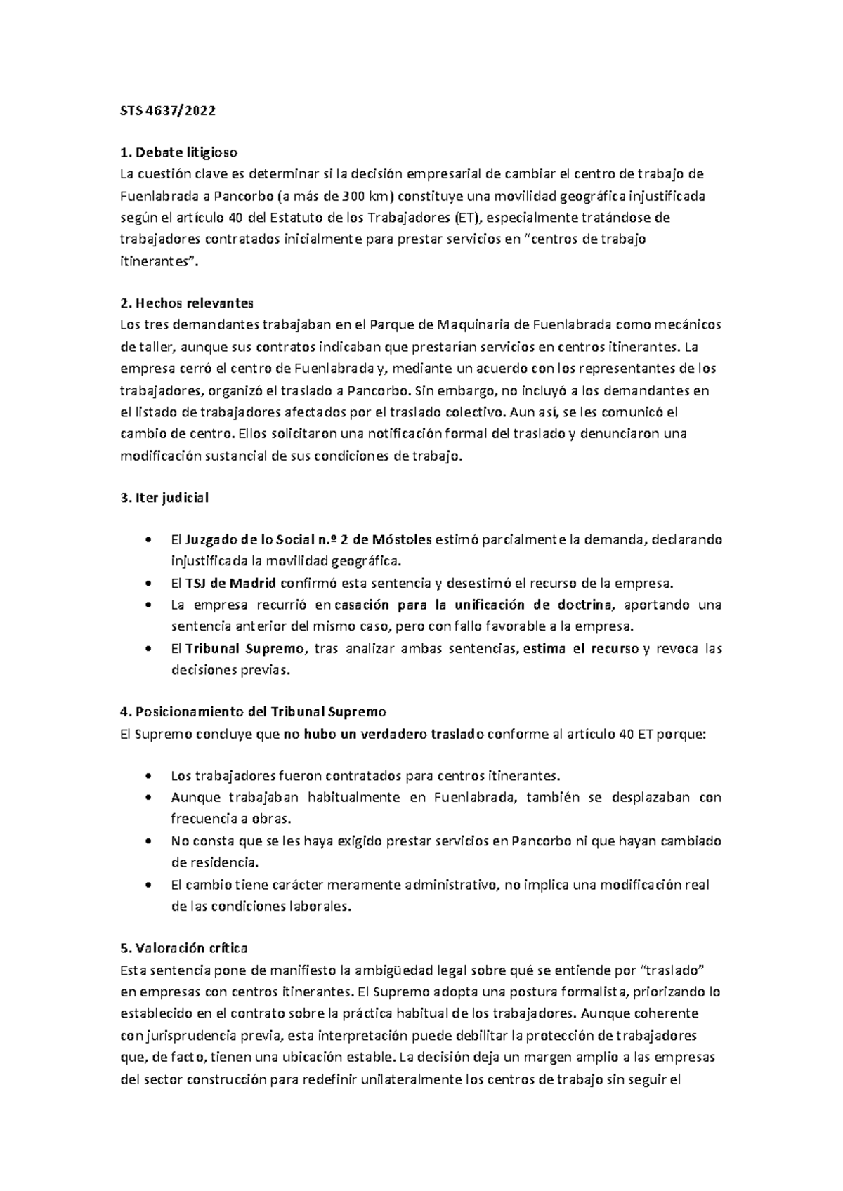 STS 1. Resumen del Seminario sobre Litigios Laborales y Jurisprudencia ...