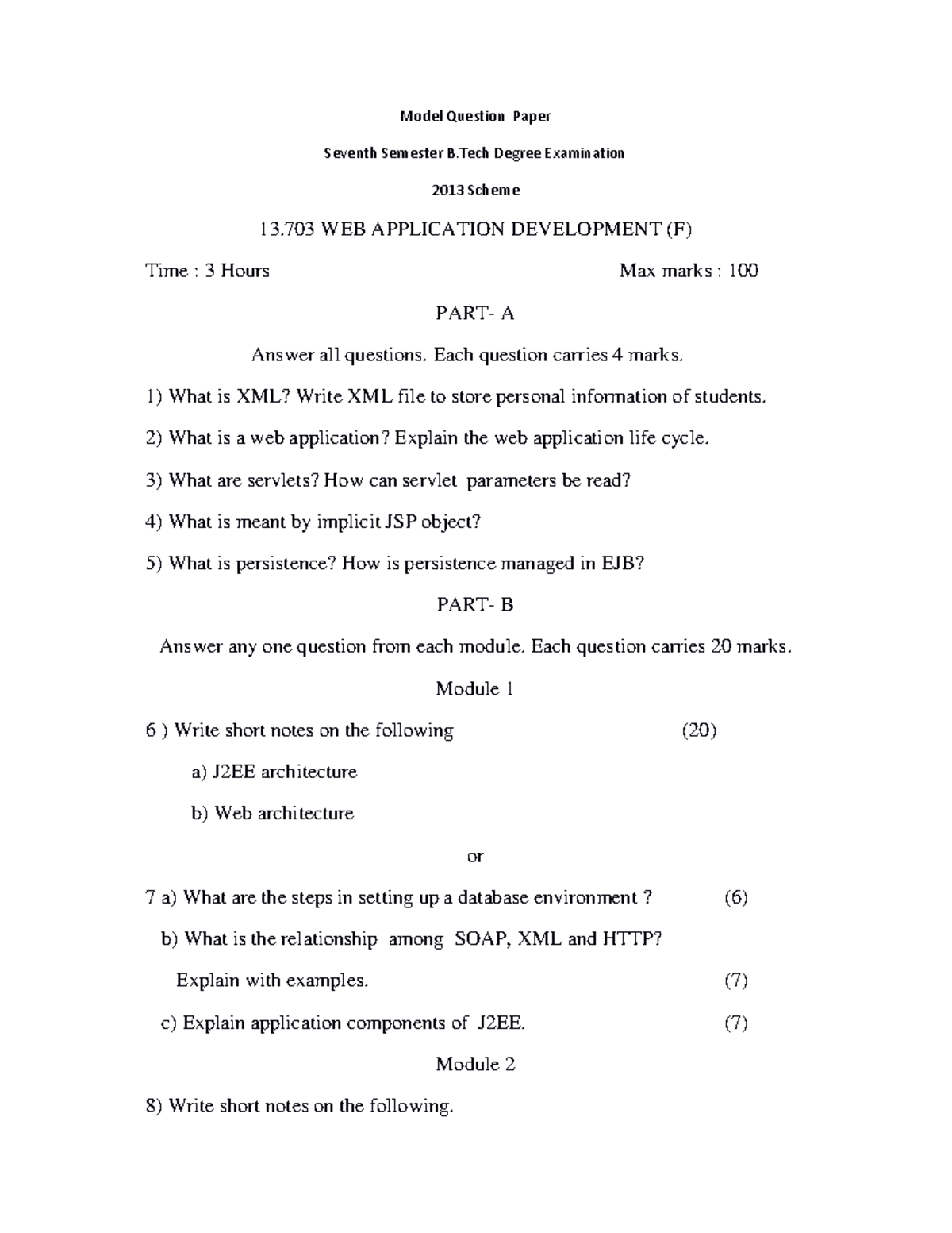 Model Question Paper for 7th Sem B.Tech 13.703 Web App Dev (F) - Studocu