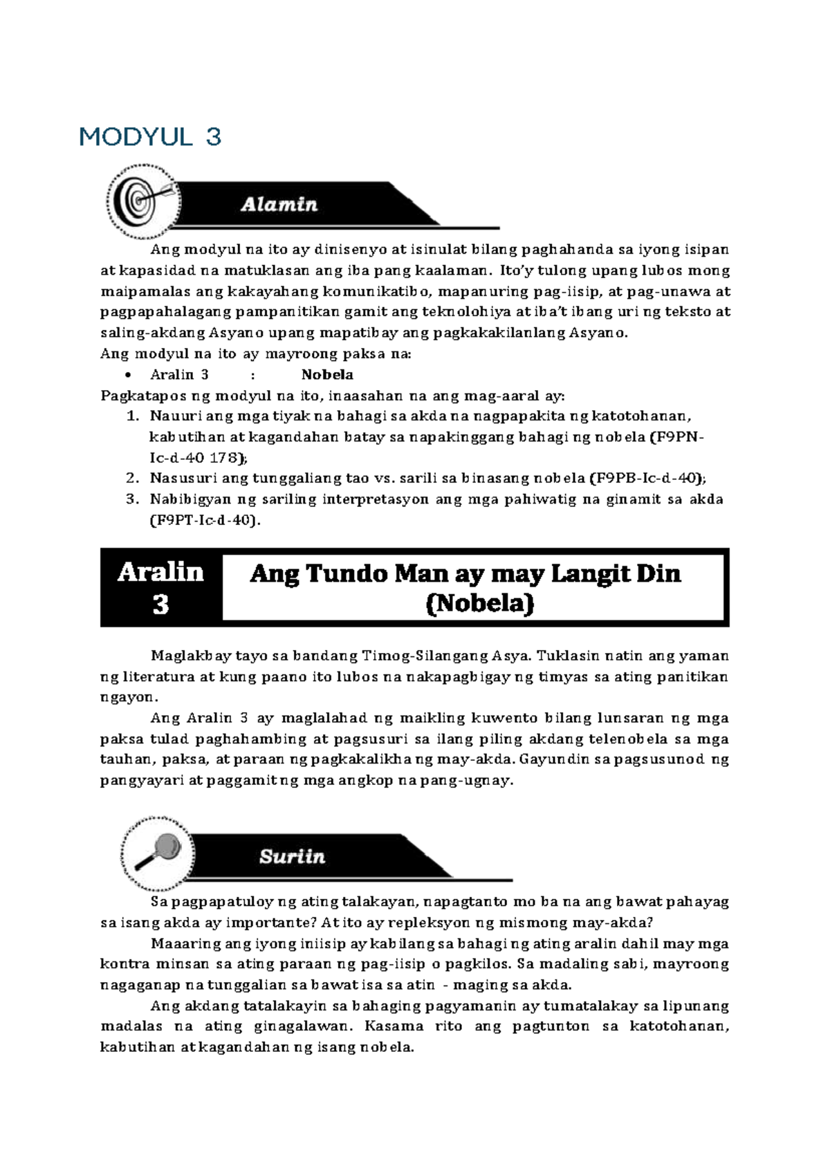 Modyul 3: Nobela at Tunggalian sa FILIPINO QUARTER 1 GRADE 9 - Studocu