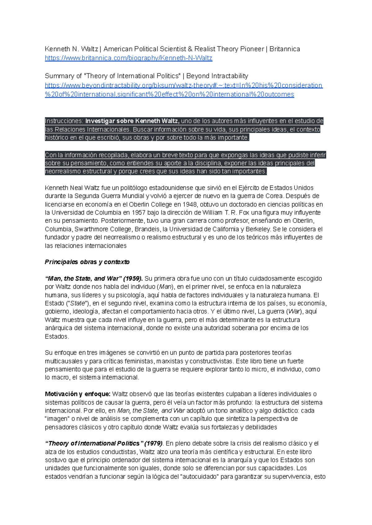 Tarea sobre Kenneth N. Waltz: Pionero del Neorrealismo en Relaciones ...