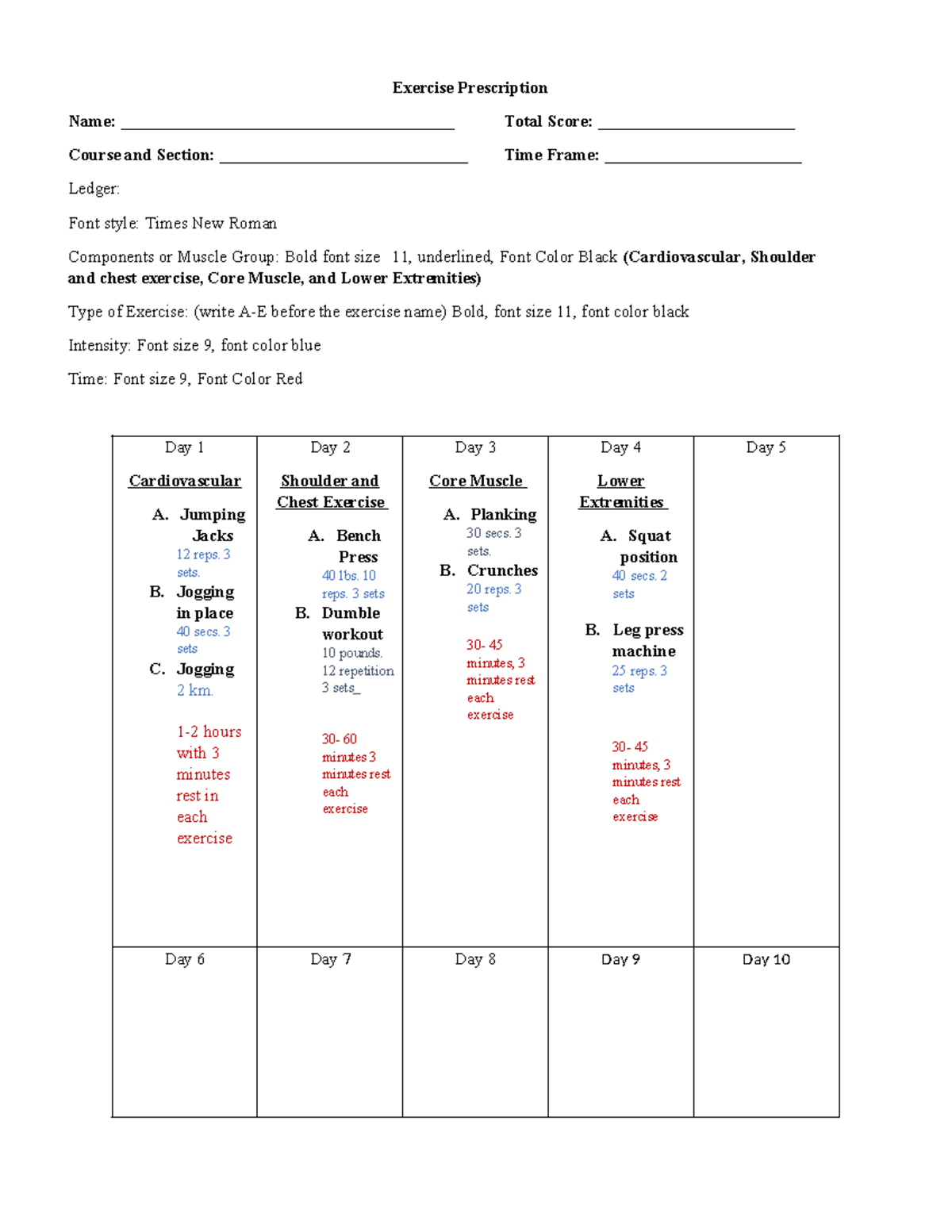 Exercise Prescription Sample: Comprehensive Workout Plan - Studocu