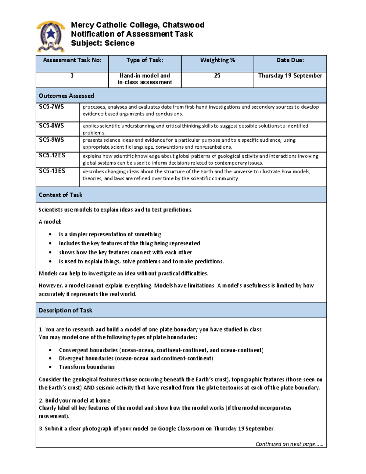 9SCI.T3 Model Assessment Task Notification: Plate Boundaries Project ...