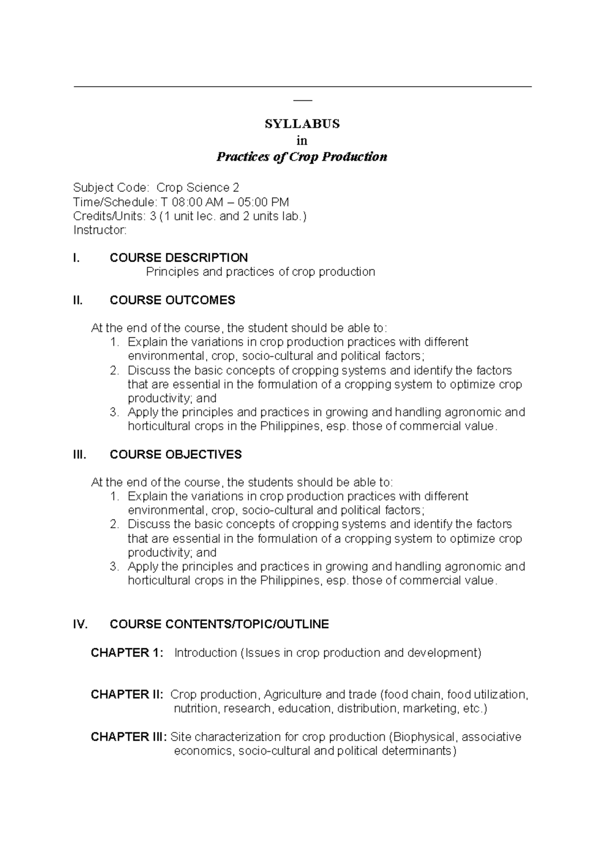 Course Syllabus: Crop Science 2 - Practices of Crop Production - Studocu