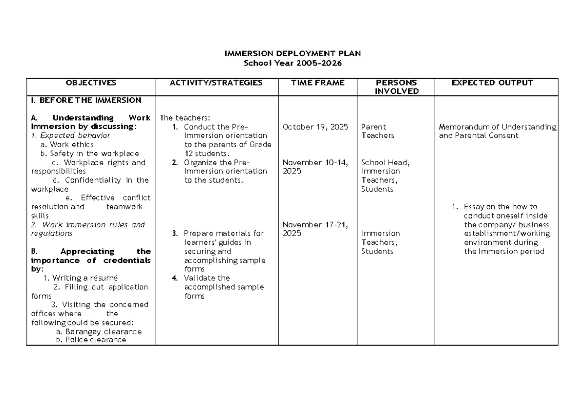 IMMERSION DEPLOYMENT PLAN SY 2025-2026: Objectives & Guidelines - Studocu