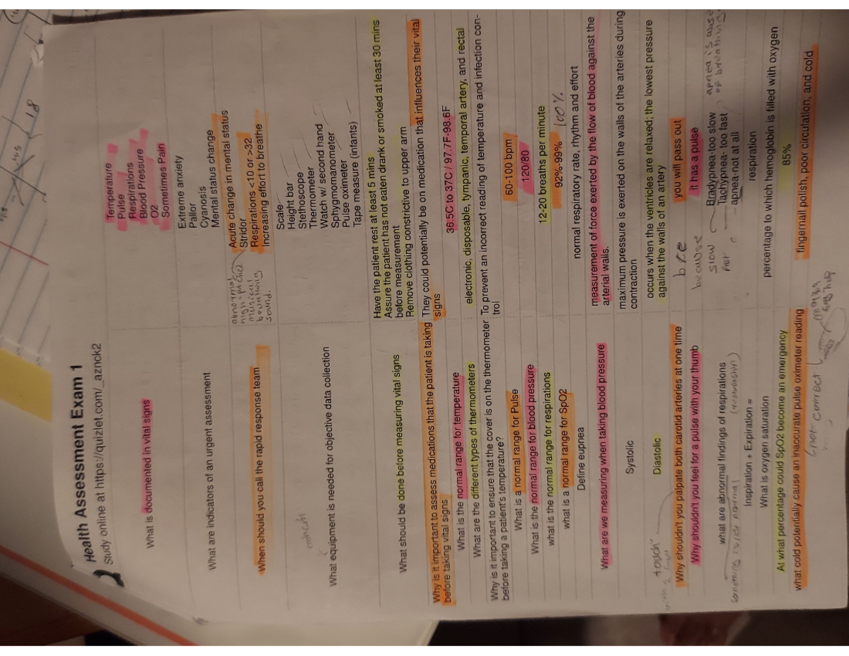 Final Exam Study Notes for Course ABC 101 - 18 Health Assessment Exam 1 ...