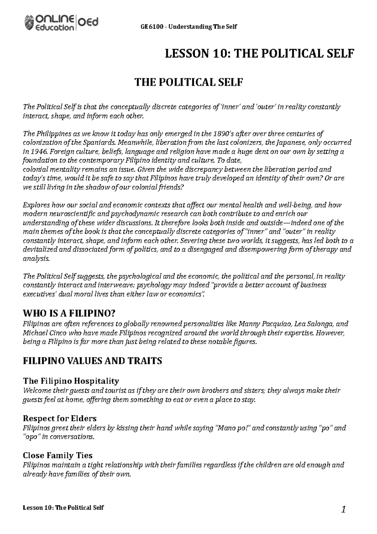 Lesson 10 - The Political Self - GE6100 - Understanding The Self LESSON ...