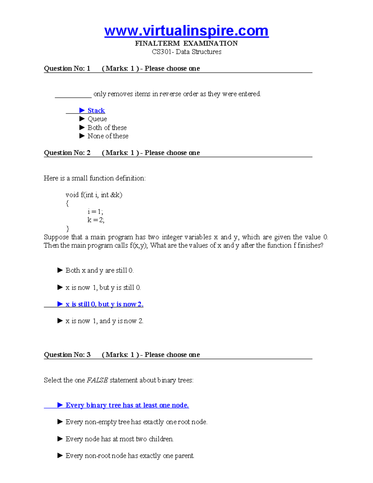 CS301 Finalterm Solved Paper - Data Structures Essentials - Studocu
