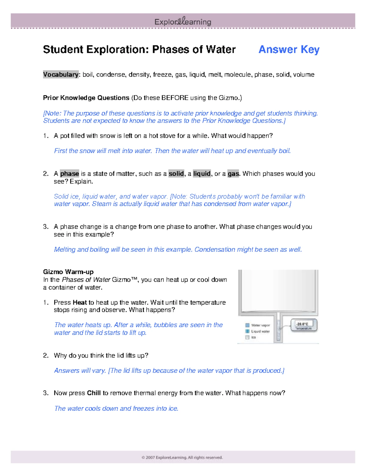 Gizmo Phases of Water Key - Student Exploration: Phases of Water Answer ...