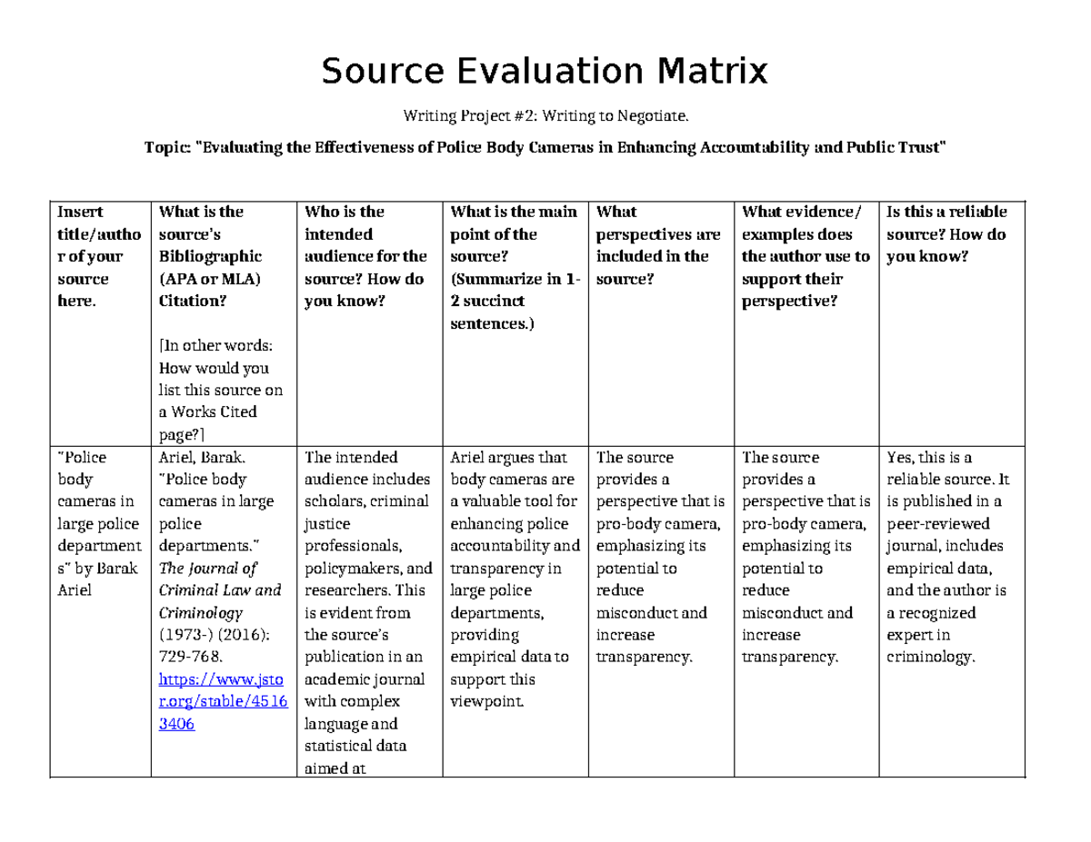 ENG 101 Source Evaluation Matrix: Police Body Cameras Analysis - Studocu