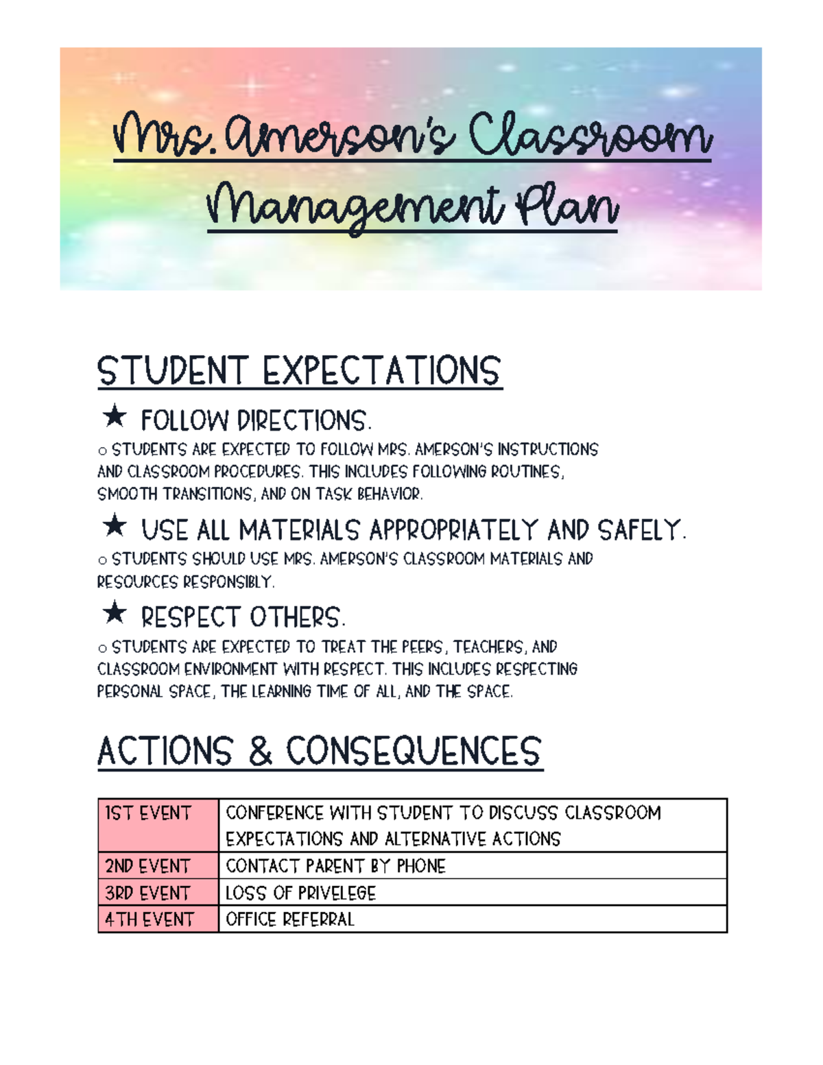 Amerson Classroom Management Plan: Student Expectations & Consequences ...
