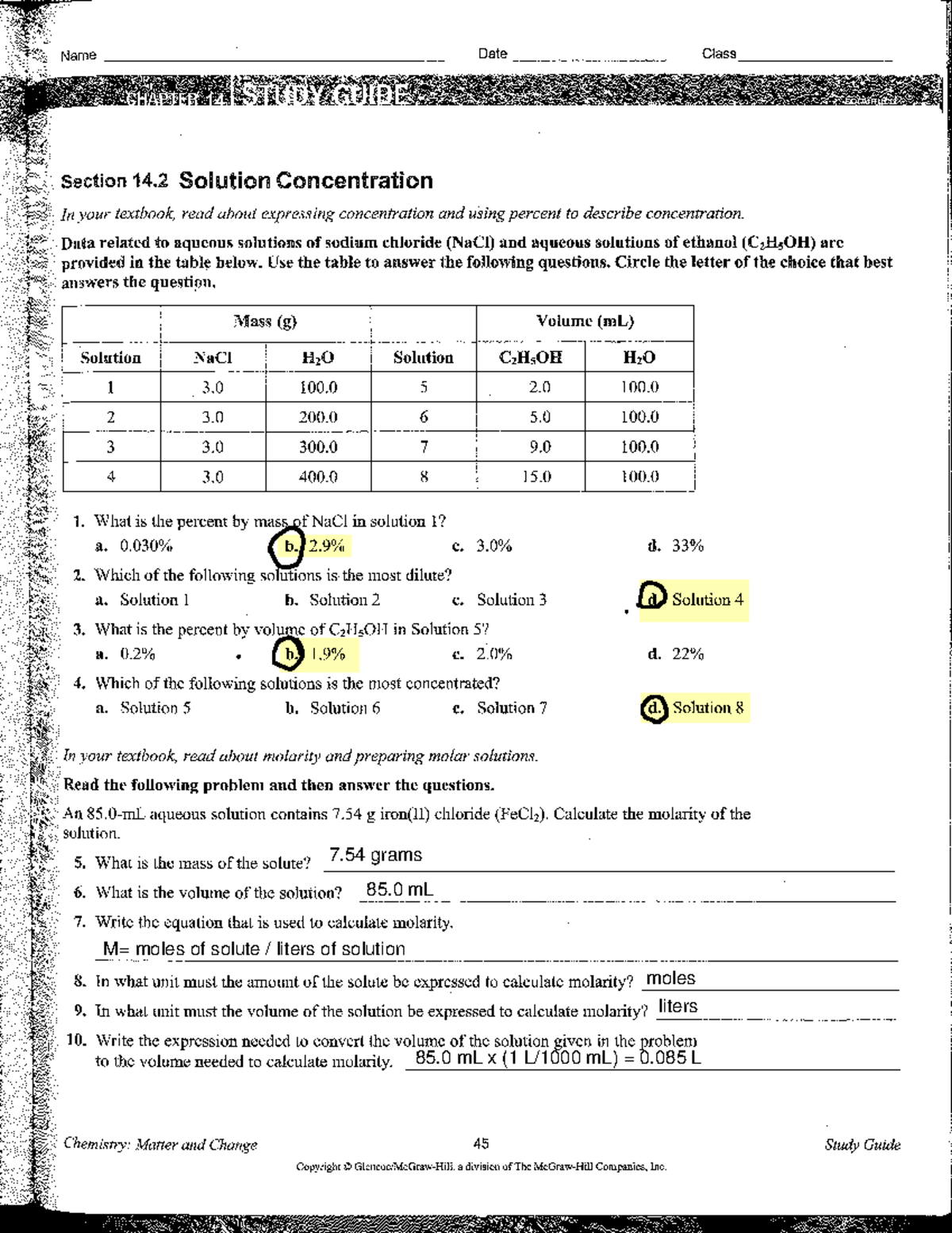 Chapter 14 Study Guide: Molarity, Molality, and Colligative Properties ...