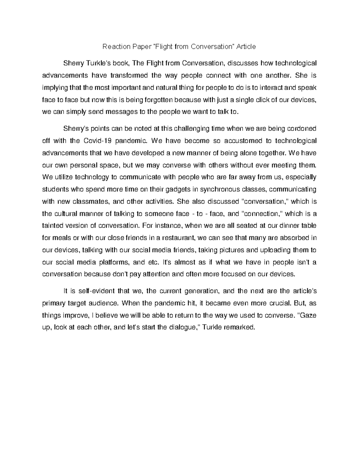 Flight From Conversation reflection paper in purposive communication ...