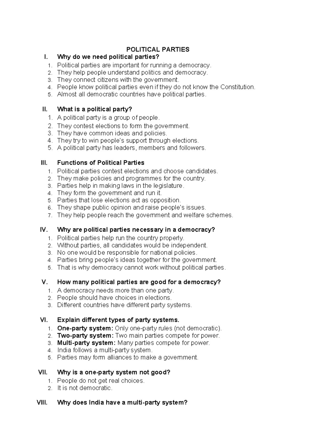 Political Parties: Importance, Functions, and Types - Short Answers ...