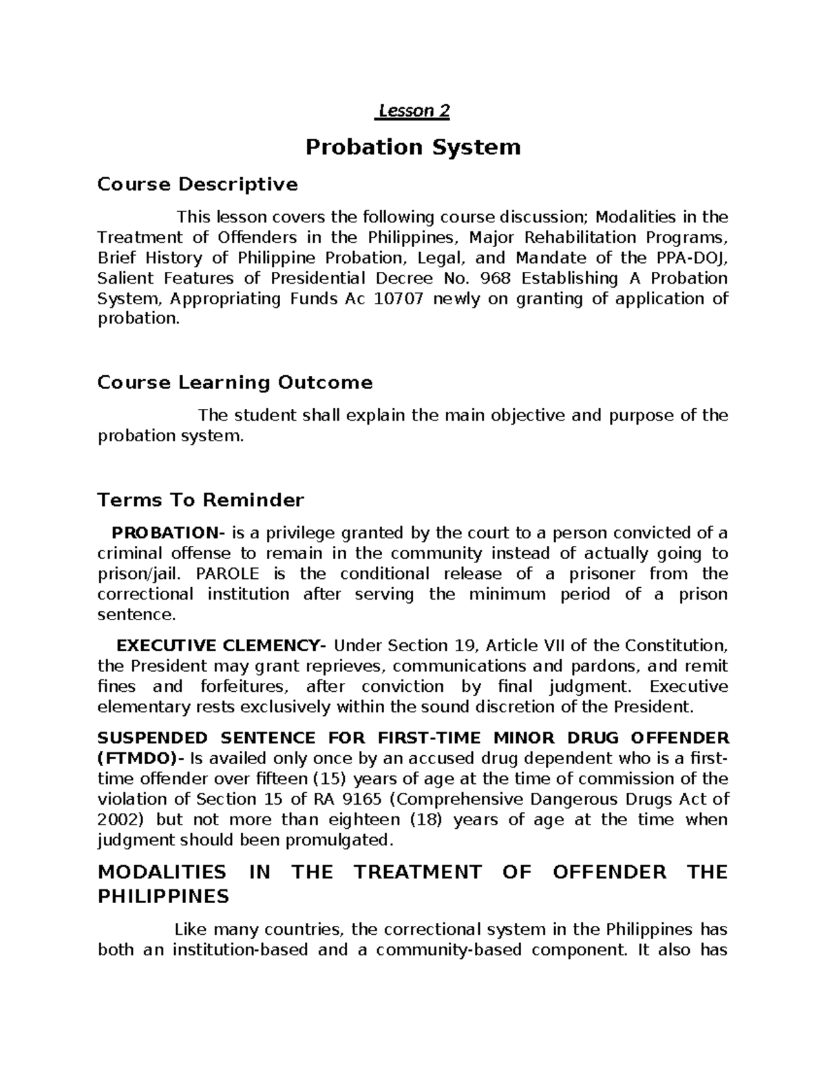 Lesson 2: Probation System in the Philippines (Course AC 10707) - Studocu