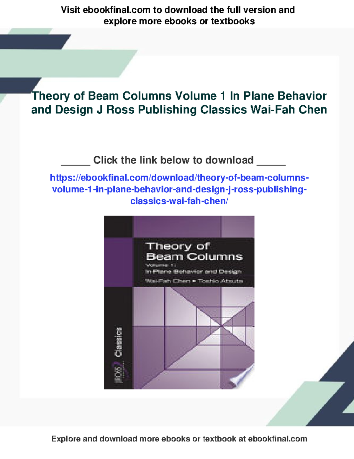 Theory of Beam Columns Vol. 1: In-Plane Behavior & Design by Chen - Studocu