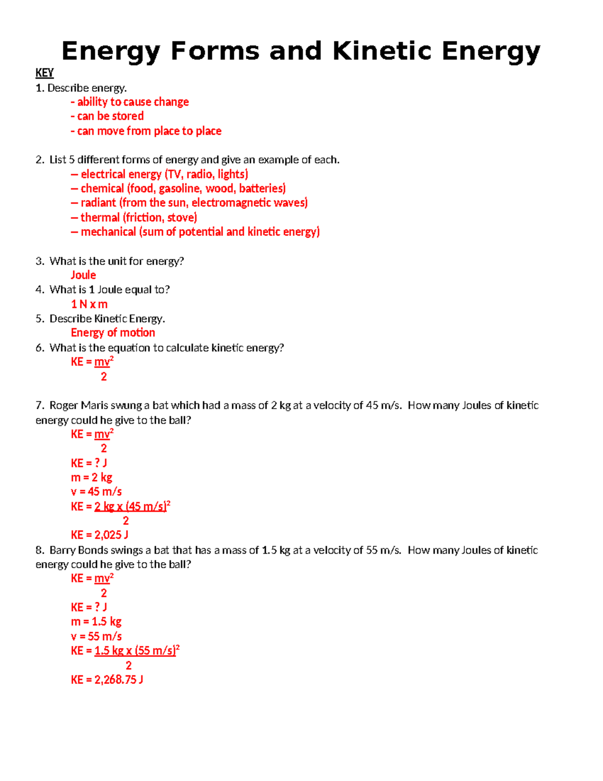 Energy and Work 3 - Notes - Energy Forms and Kinetic Energy KEY ...