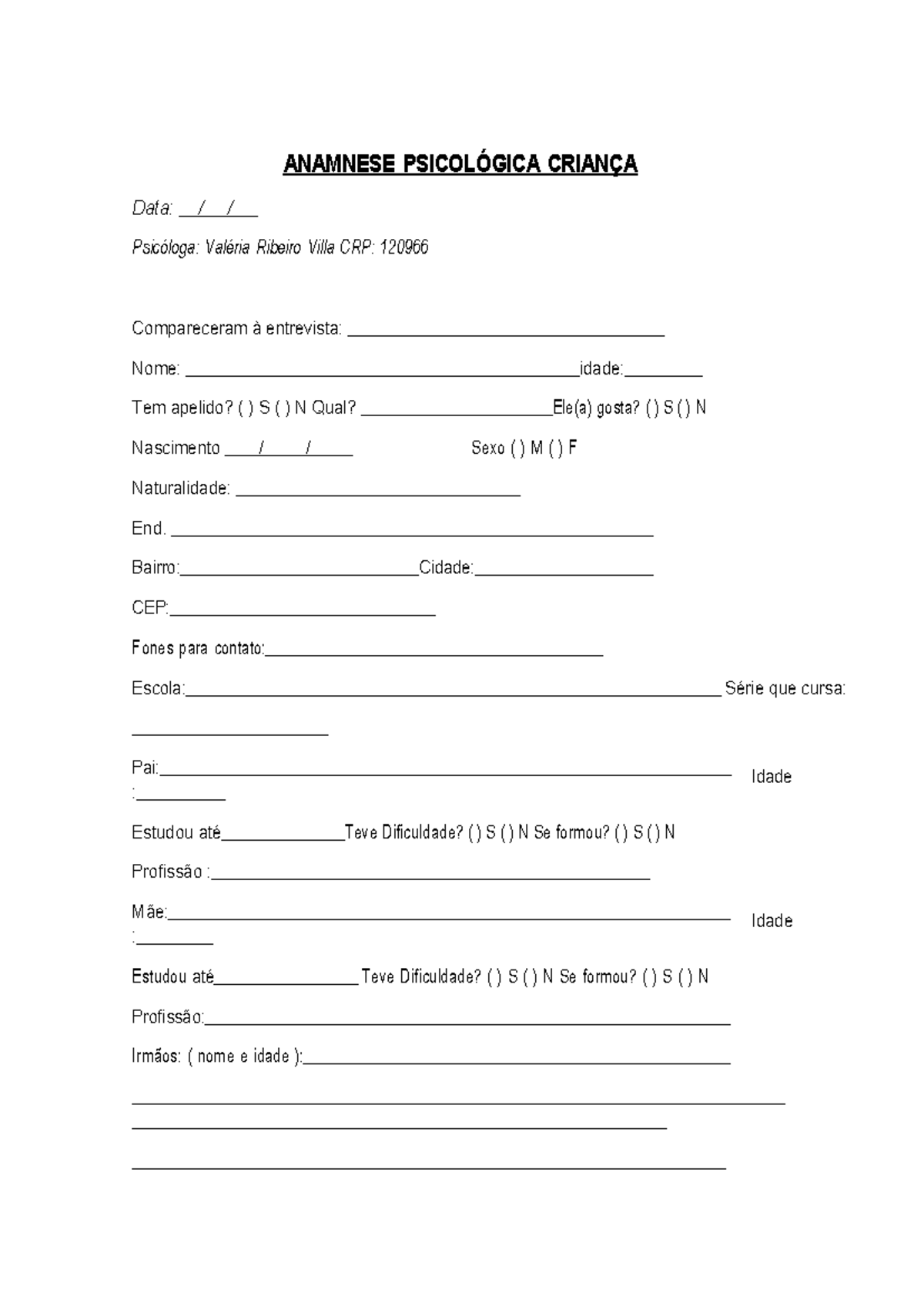 Modelo de Anamnese Psicológica para Crianças - Psicologia Infantil ...