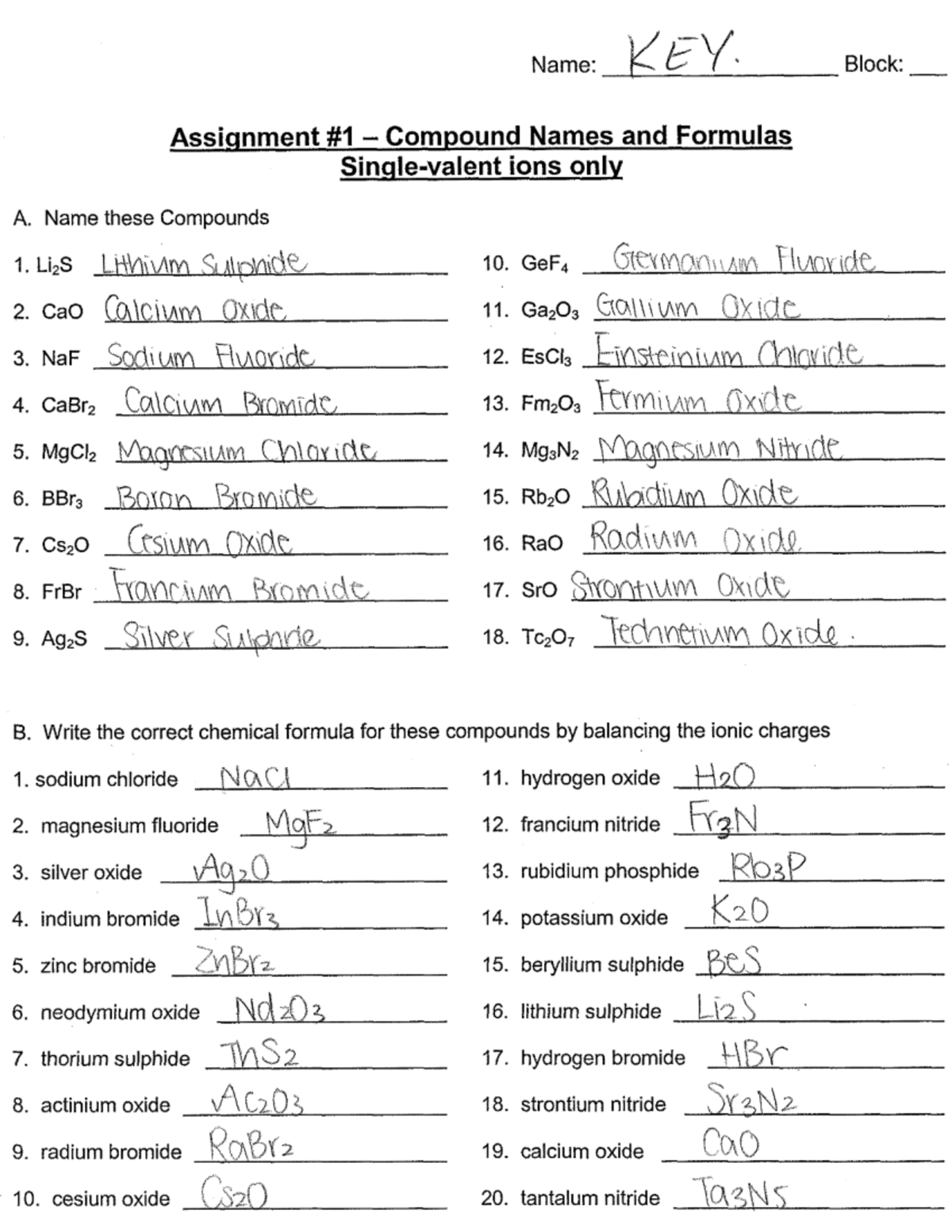 CHEM 101: Assignment #1 - Compound Names & Formulas (Single-valent Ions ...