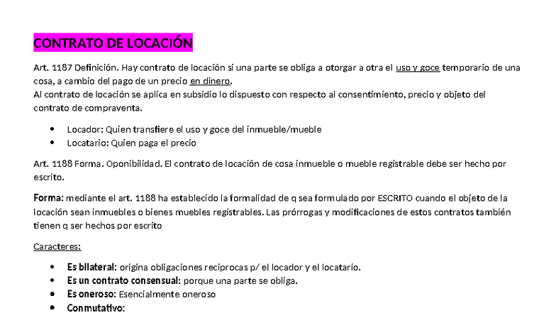 Contrato DE LocacióN - CONTRATO DE LOCACIÓN Art. 1187 Definición. Hay ...