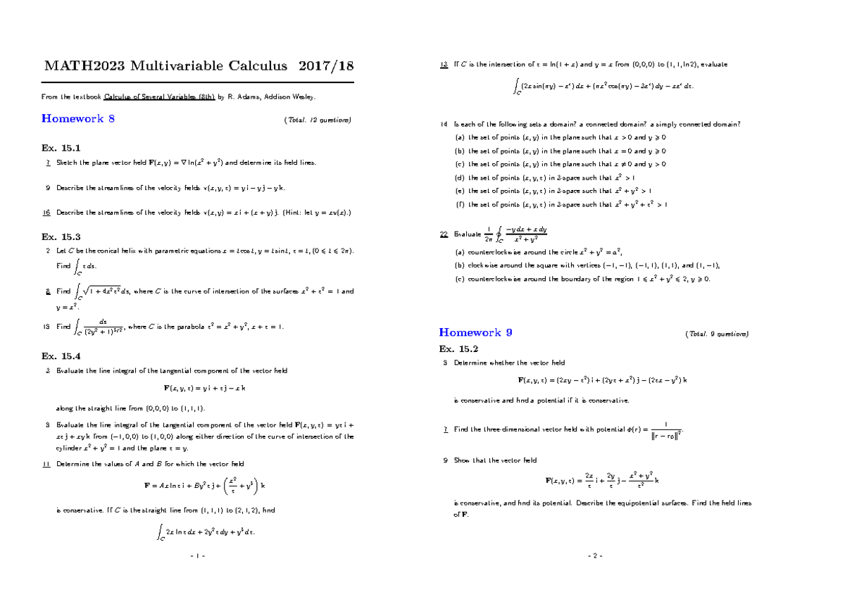 MATH2023 Homework 8-10: Multivariable Calculus Exercises - Studocu
