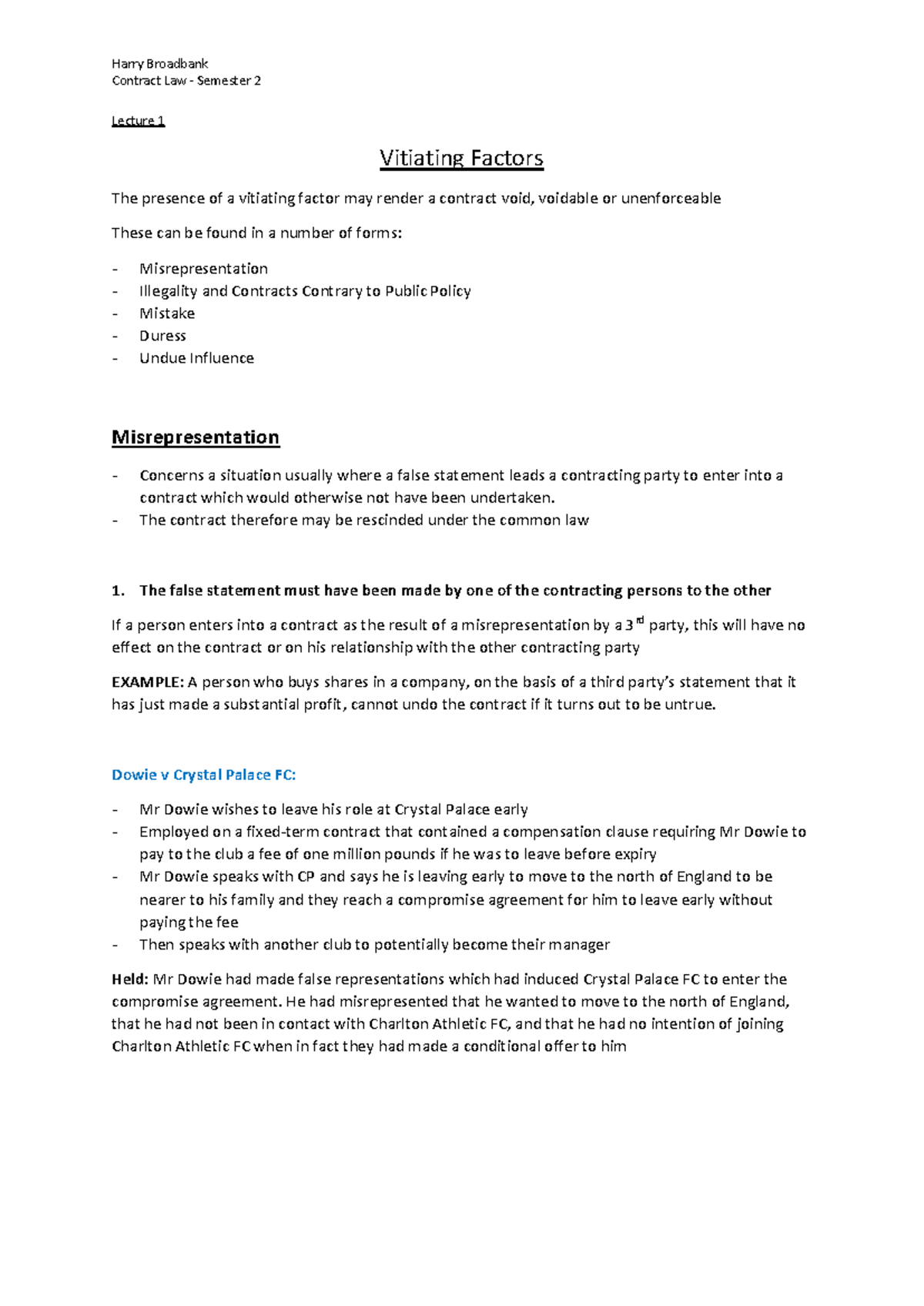 Semester 2 - Lecture Notes (overview) - Contract Law - Semester 2 ...