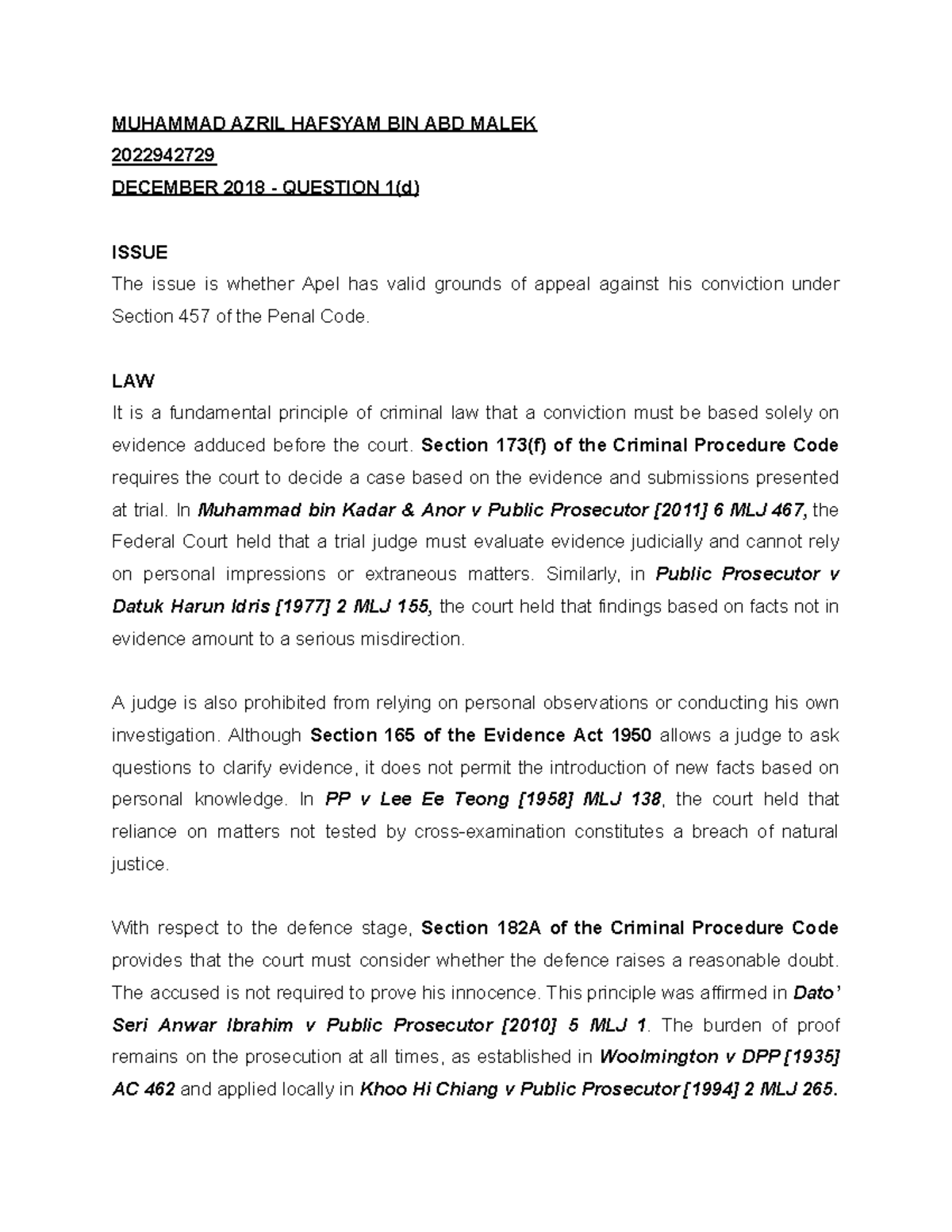 MUHAMMAD AZRIL HAFSYAM BIN ABD DEC 2018 APPEAL ANALYSIS - Studocu