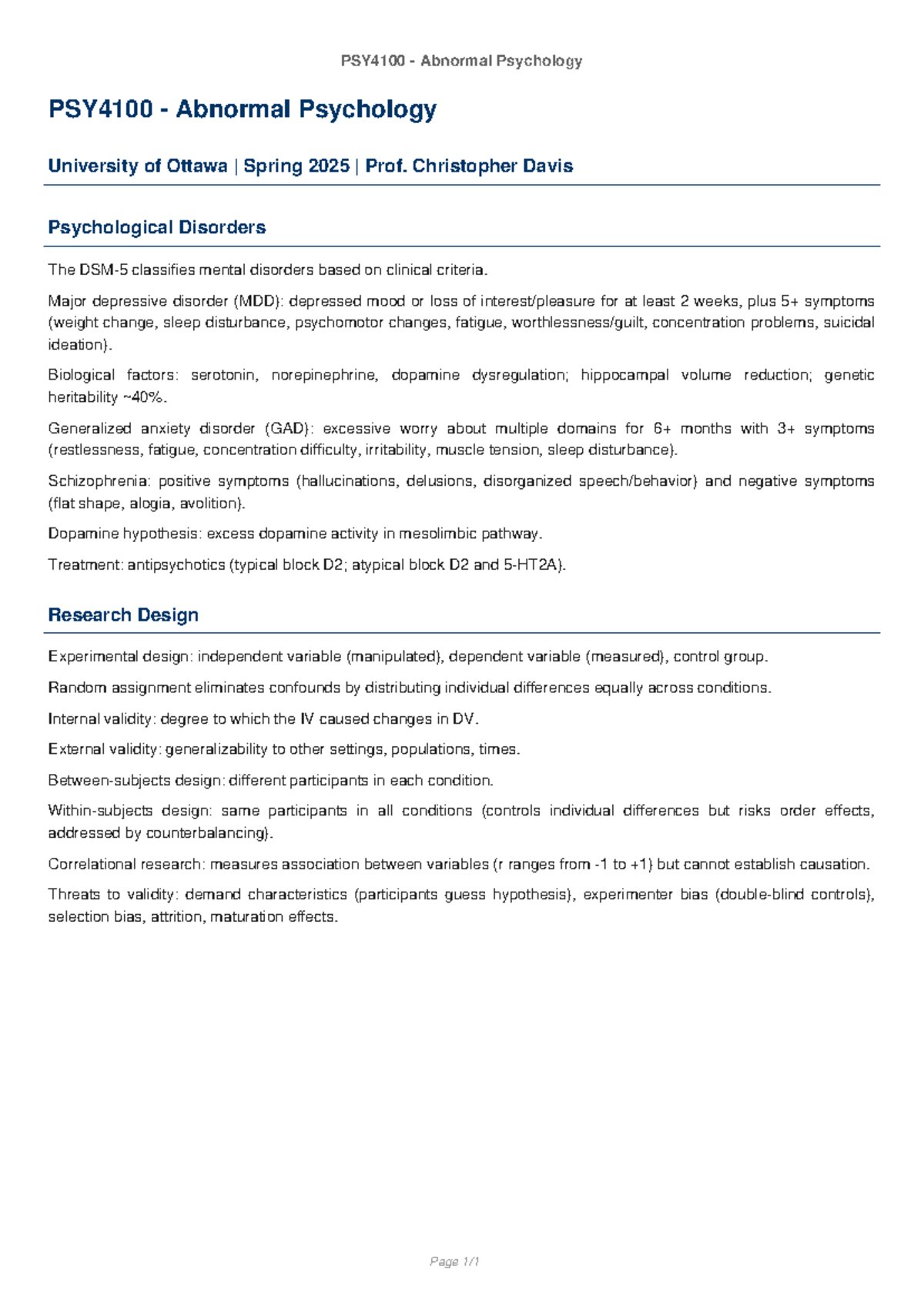 PSY4100 Study Notes: Abnormal Psychology Overview and Research Design ...