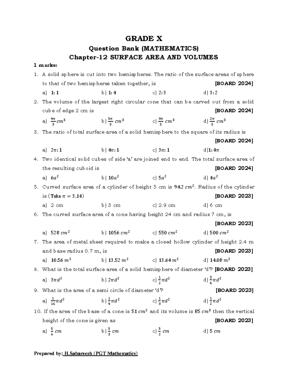 GRADE X Question Bank (MATHEMATICS): Chapter 12 Surface Areas & Volumes ...