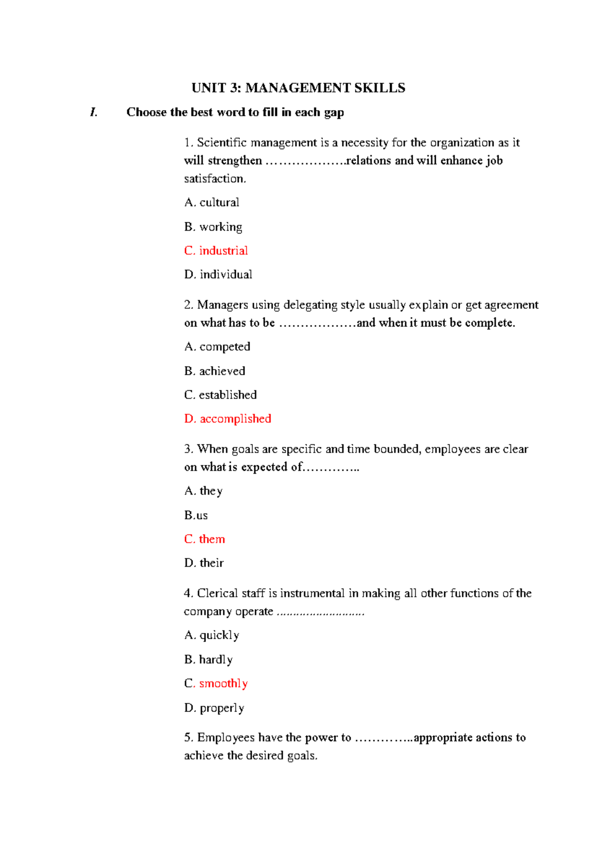 UNIT 3: MANAGEMENT SKILLS I - Multiple Choice Questions - Studocu