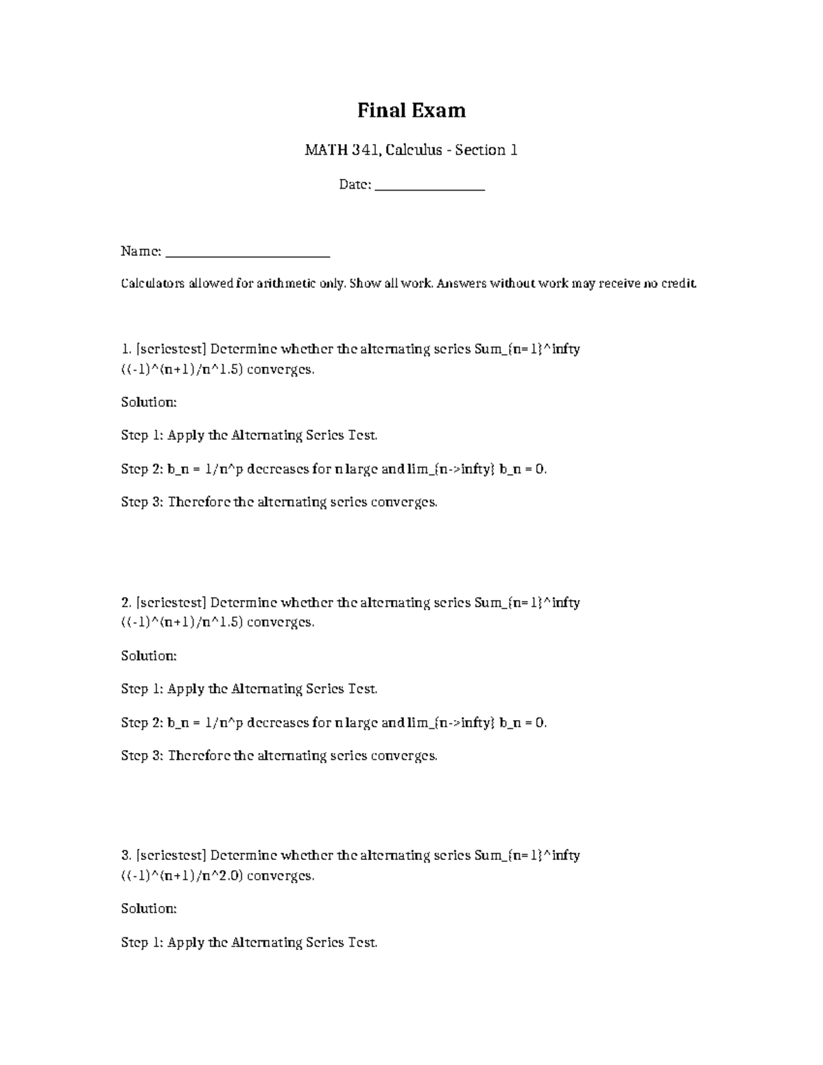 Final Exam Solutions for MATH 341: Calculus Section 1 - Studocu