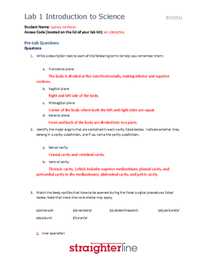 BIO201 Lab 2 - straighterline bio 201 lab 2 - Student Name: Access Code (located on the lid of ...