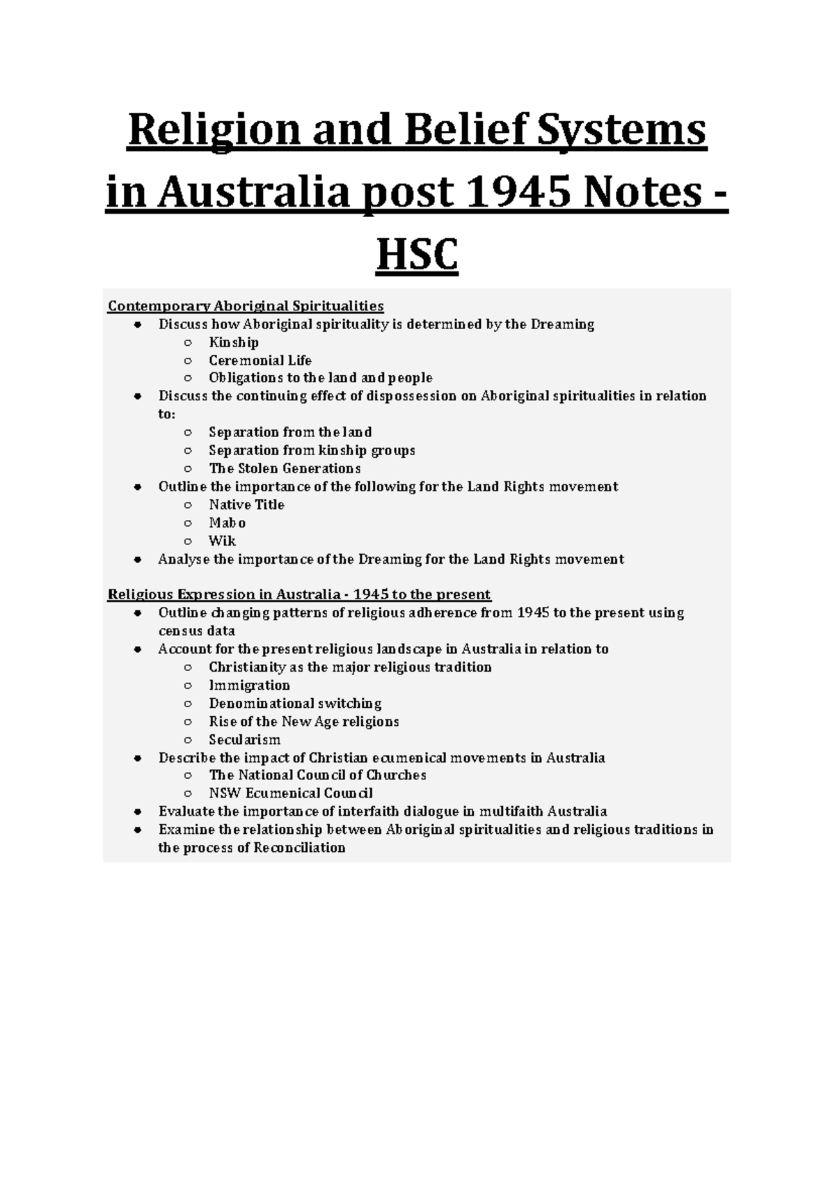 HSC Religion and Belief Systems in Australia Post 1945: Key Notes and ...