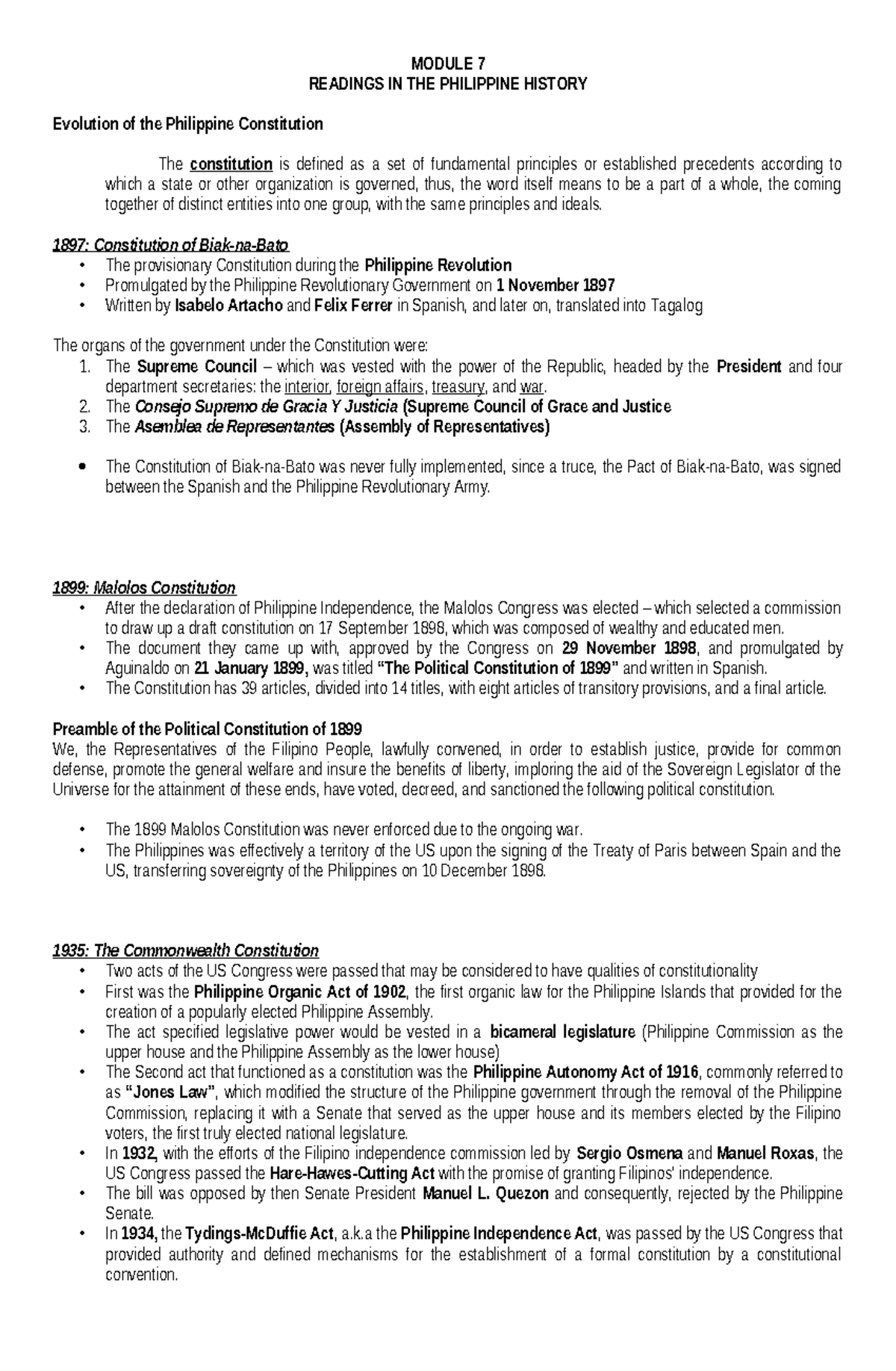 RPH Module 7 - Readings on Philippine Constitutions and History - Studocu
