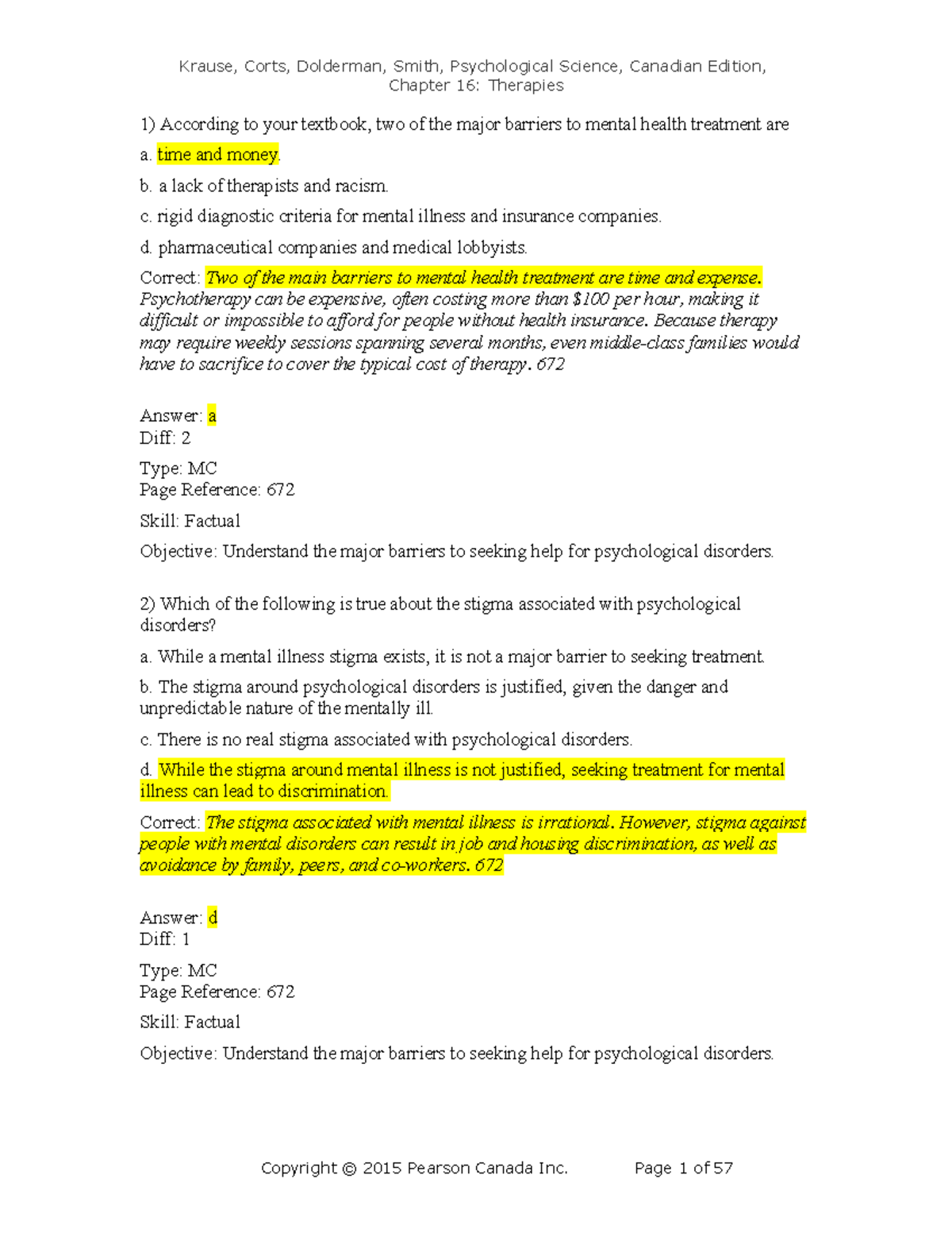 Psych 16: Test Bank for Chapter 16 - Therapies Overview - Studocu