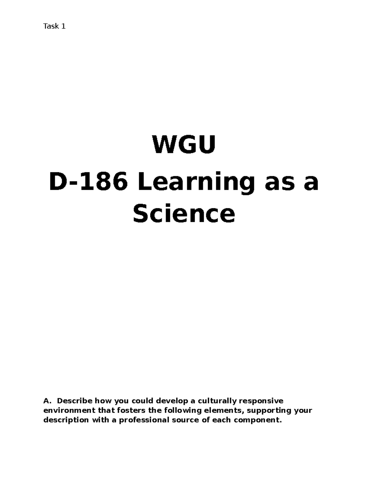 WGU D186 Task 1: Developing a Culturally Responsive Learning ...