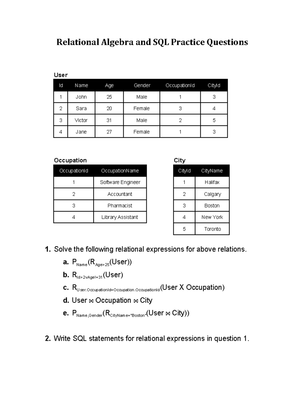 Algebra Questions - SQL & Relational Algebra Practice (CS101) - Studocu