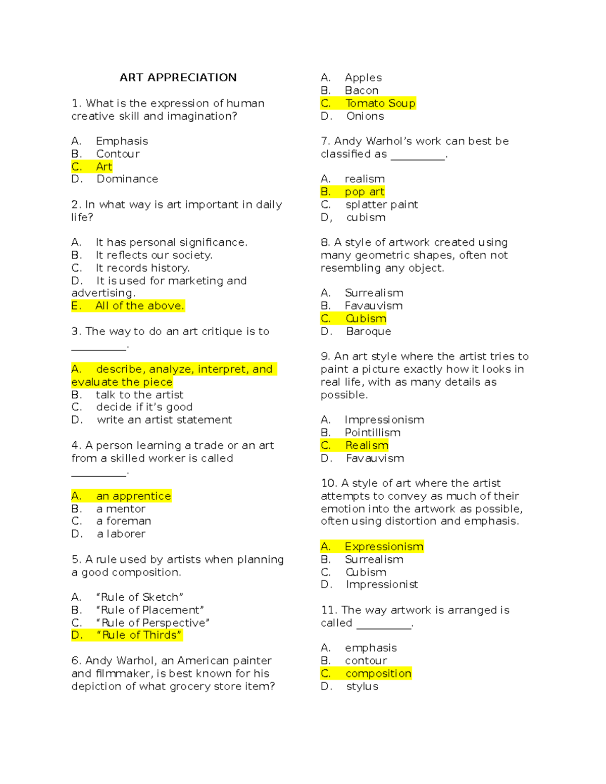 ART Appreciation 100 - Rationale Questionnaire with Answer Key - Studocu
