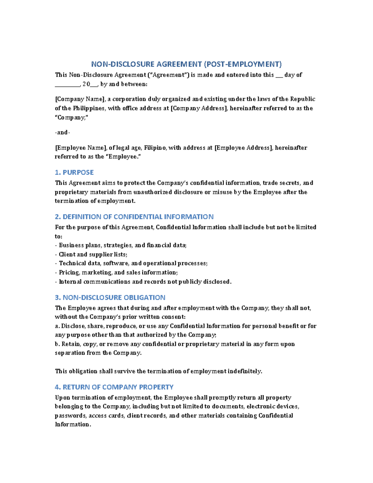 Non-Disclosure Agreement (NDA) Post-Employment Guidelines - Studocu