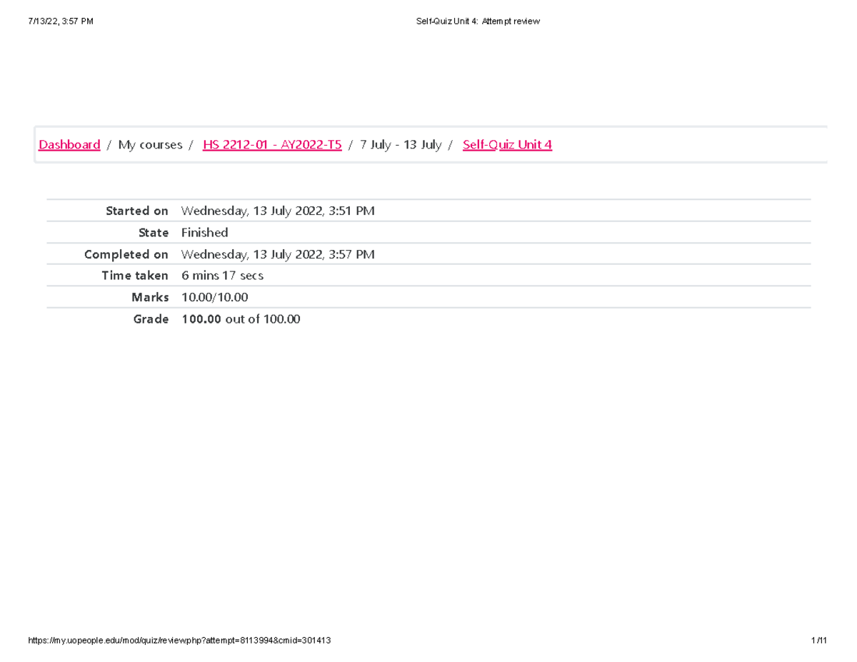 Self-Quiz Review for HS 2212-01: Unit 4 Attempt Results - Studocu