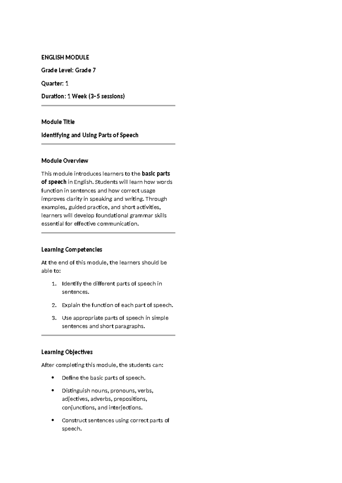 English 7 Module: Identifying Parts of Speech - Study Materials - Studocu